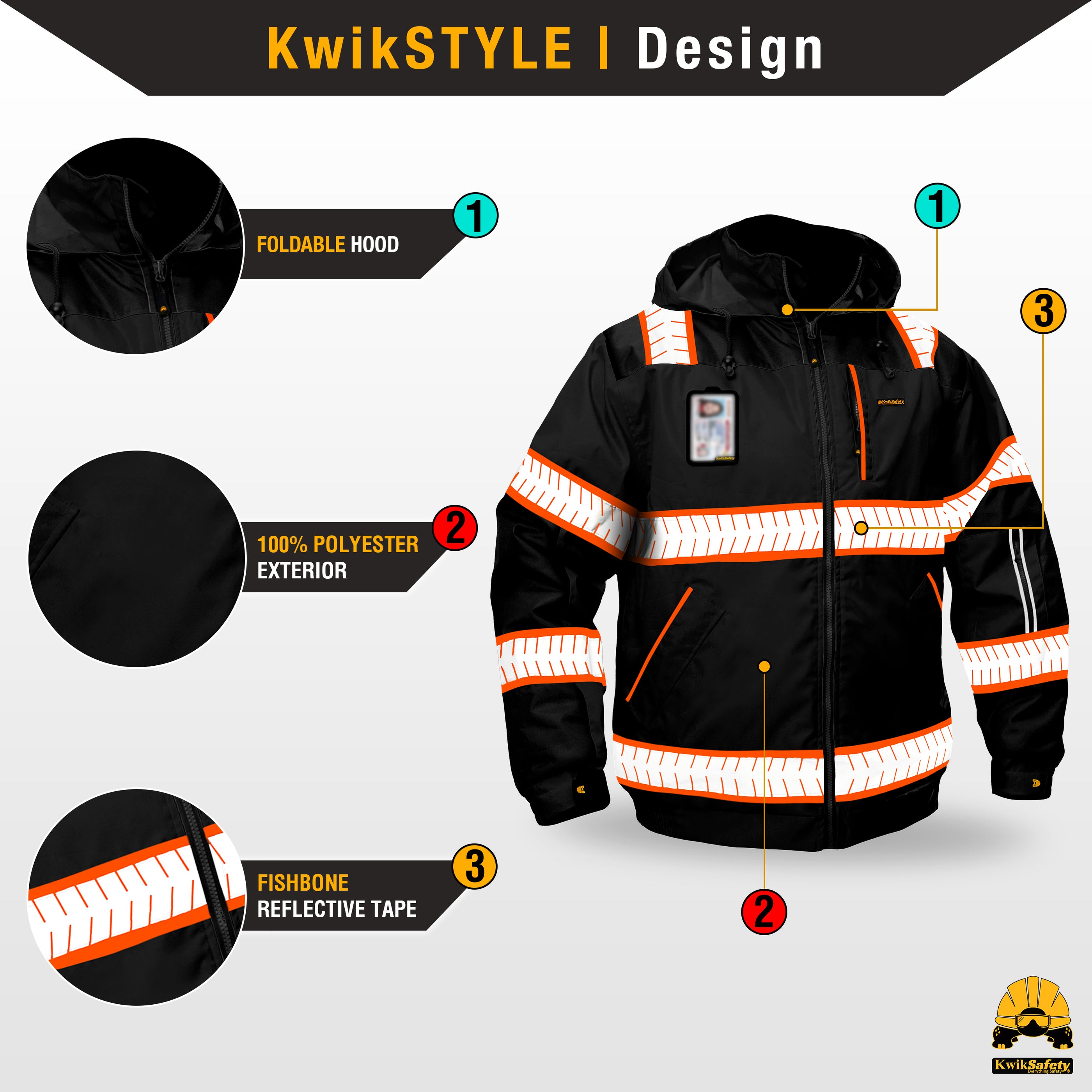 KwikSafety ENFORCER Safety Bomber Jacket (DETACHABLE ID POCKET) Hi Vis
