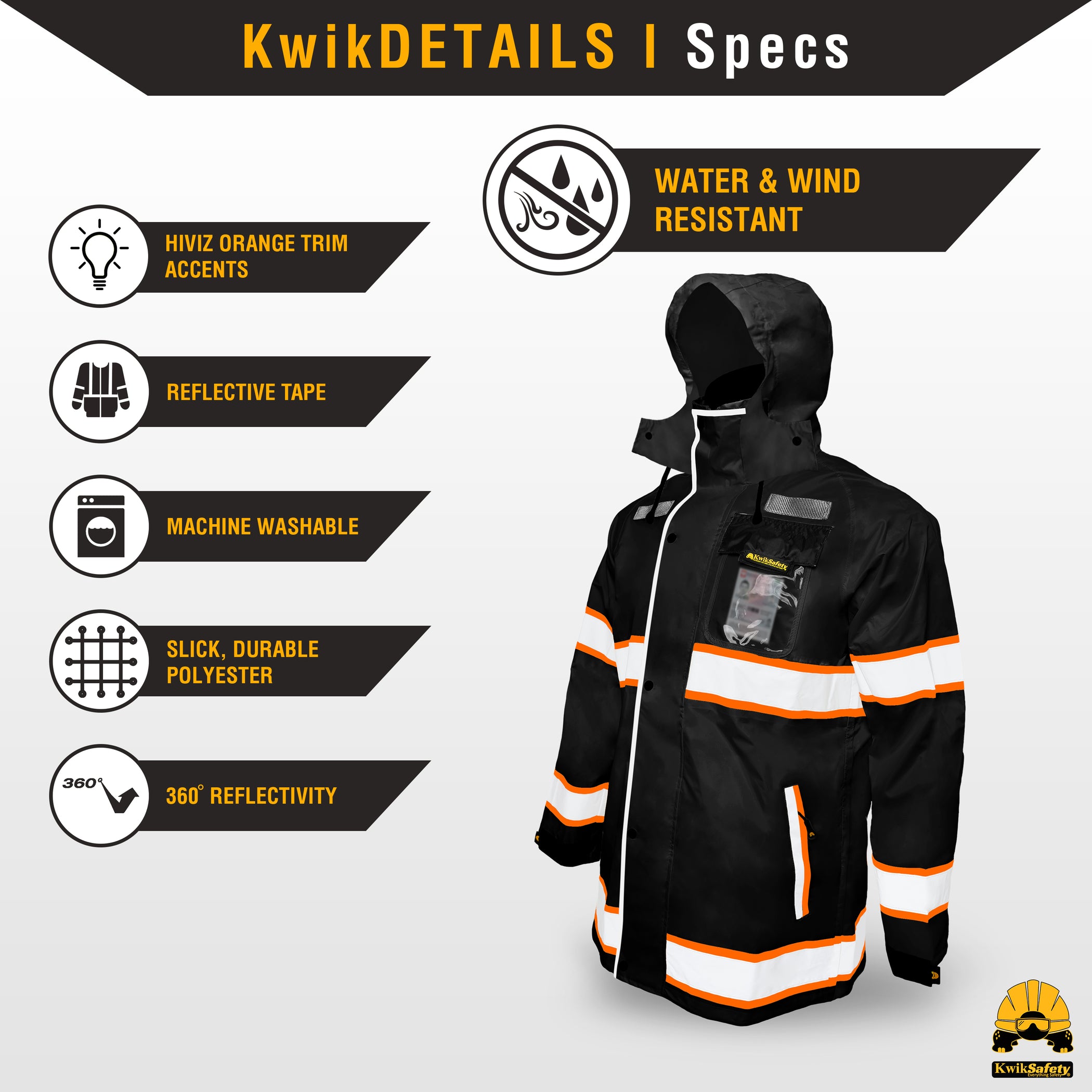 KwikSafety TORRENT Safety Rain Jacket (FOLDABLE HOOD) Hi Vis Coat Refl