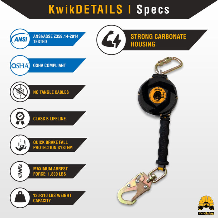 KwikSafety 20' MAMBA WEB Carbonate Housing Self Retracting Lifeline SR