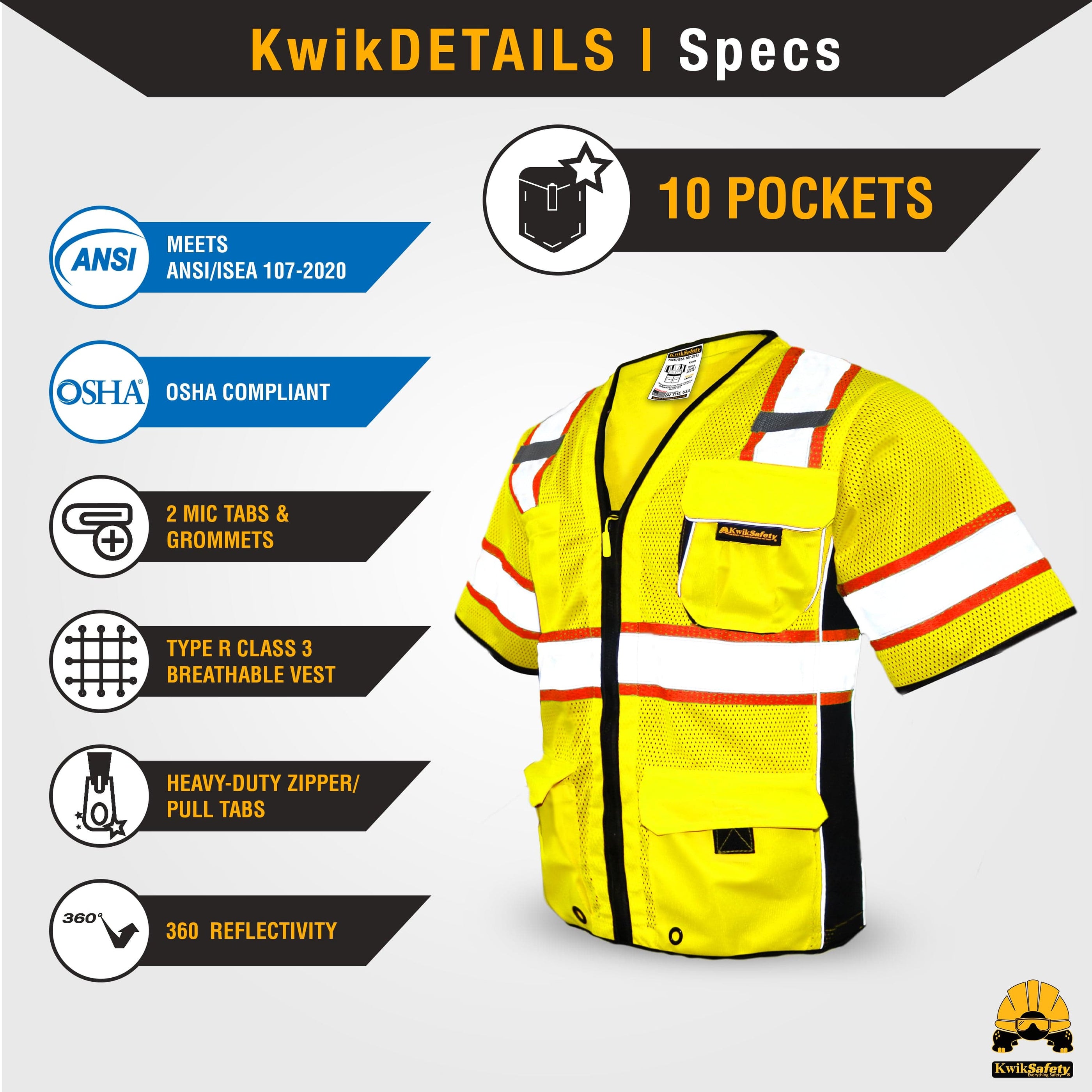 KwikSafety EXECUTIVE Safety Vest [10 Pockets] Class 3 ANSI Tested OSHA ...