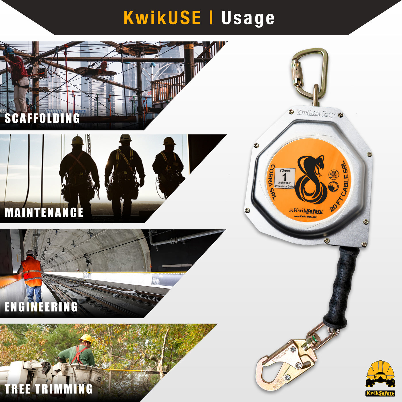 KwikSafety 20’ COBRA Self Retracting Lifeline ANSI Class 1 Cable SRL