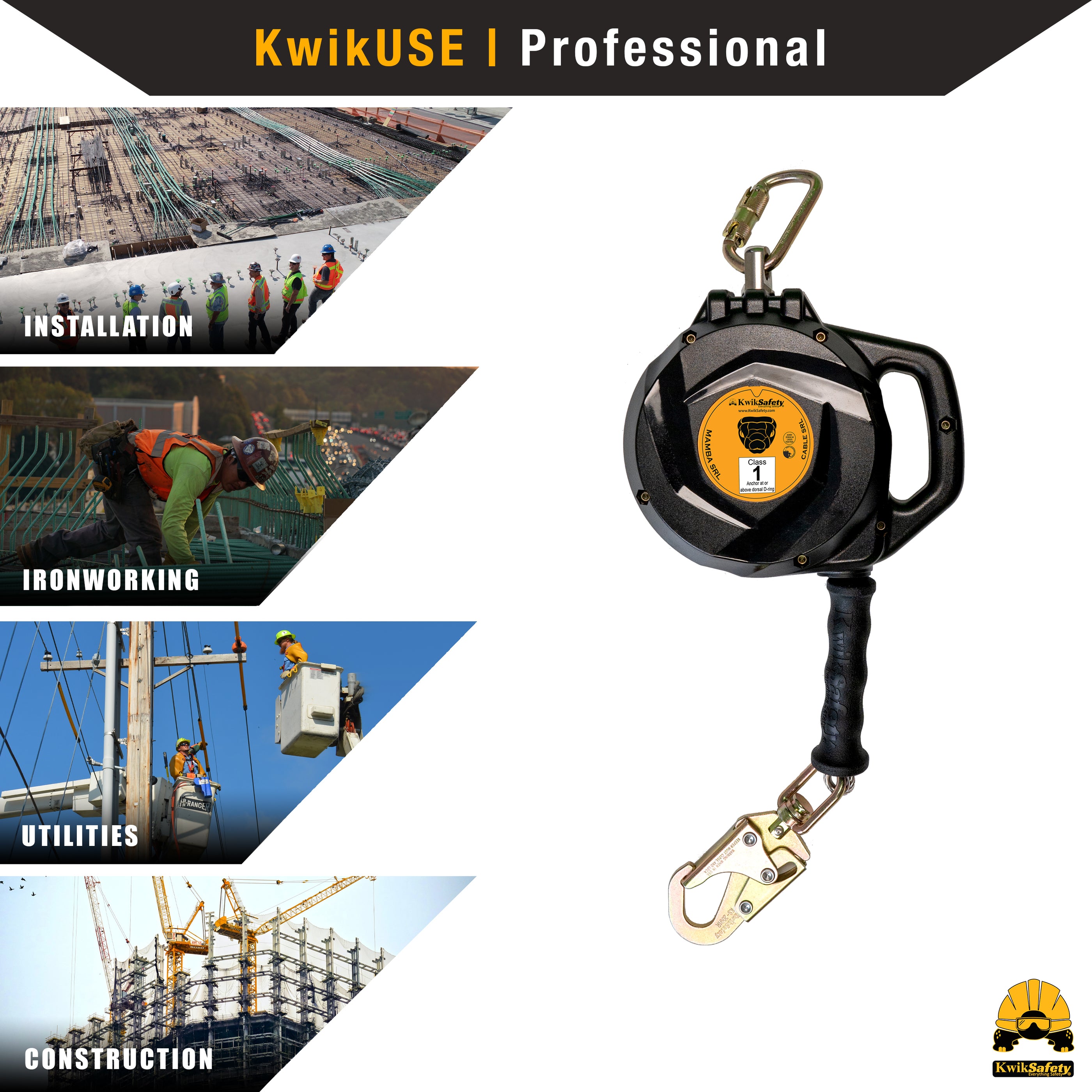 KwikSafety 50' MAMBA CABLE Self Retracting Lifeline ANSI Class B SRL