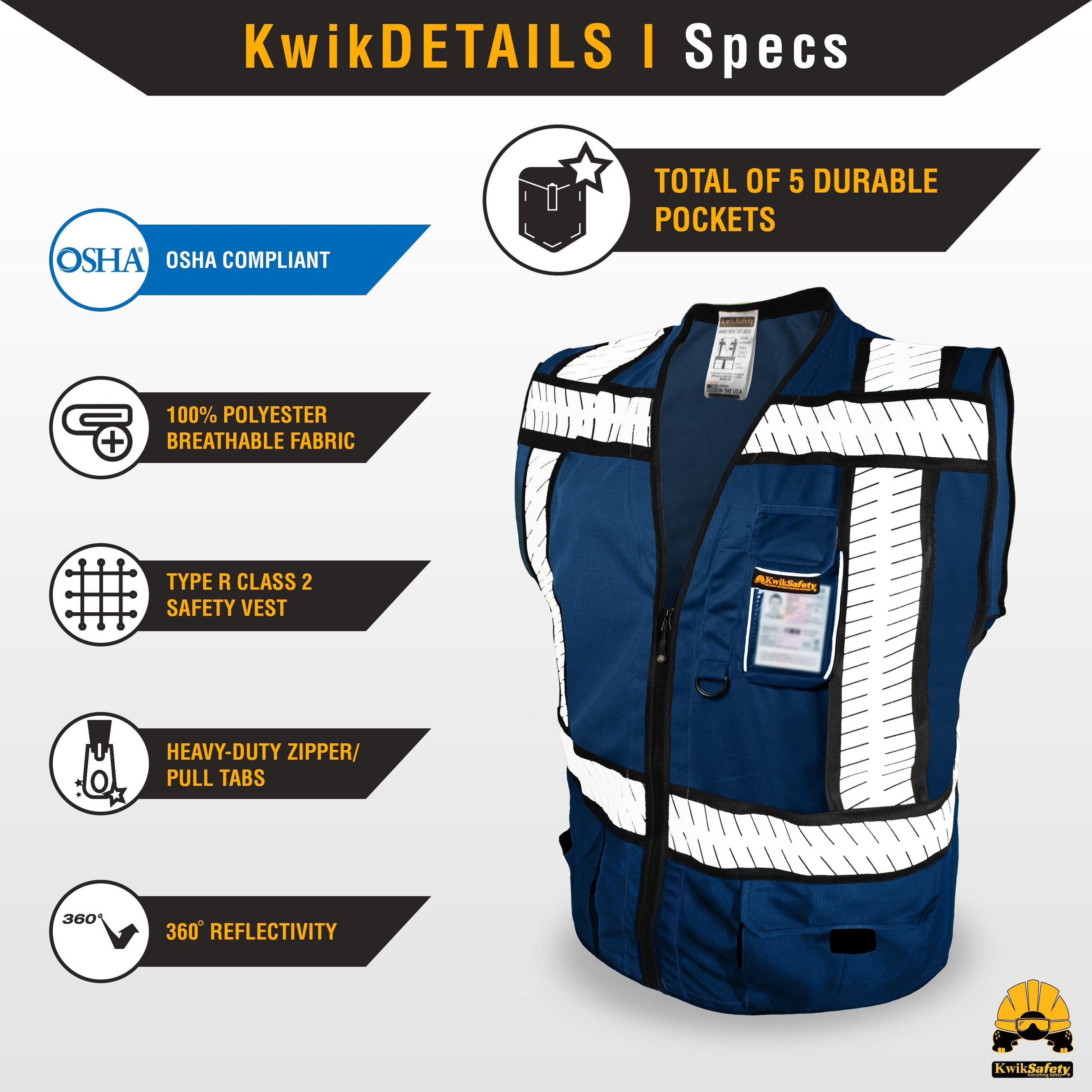 KwikSafety PURE BLUE SHERIFF Safety Vest (Multi-Use Pockets) Reflectiv